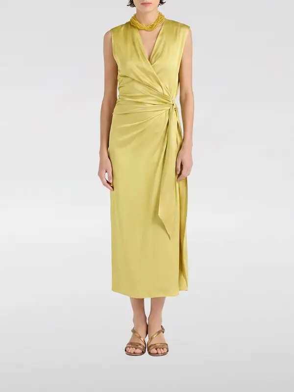 Momoni Sleeveless V-neck Satin Midi Wrap Dress With Side Slit