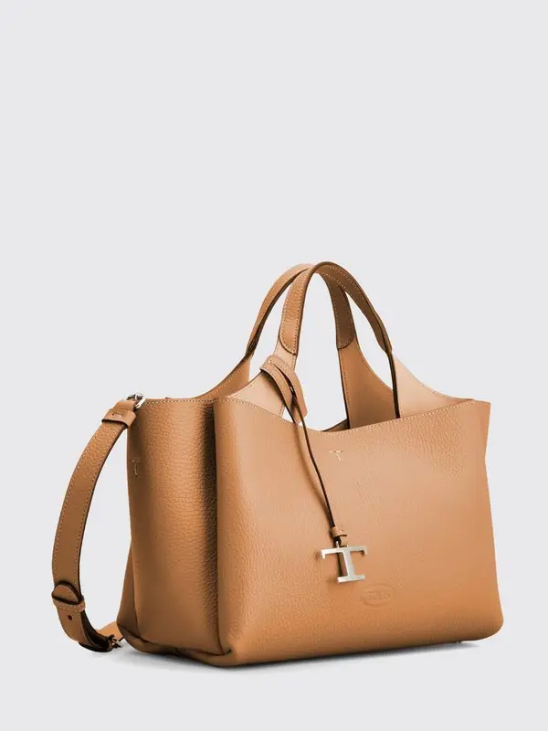 TOD'S Hammered Leather Handbag With Logo Charm - Brown