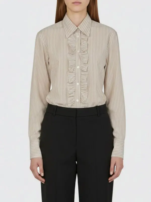 AMI Paris Striped Shirt With Ruffle Detail - Beige