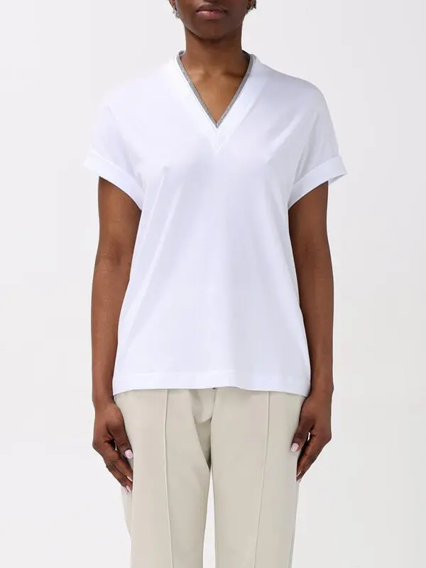 Brunello Cucinelli V-neck T-shirt With Embellished Trim - White