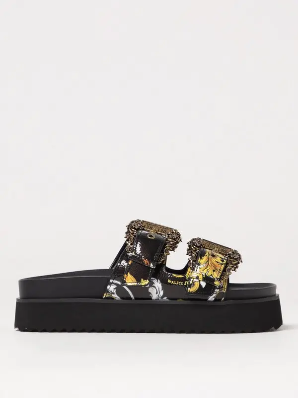 Versace Flat Sandals With Embellished Buckles - Black