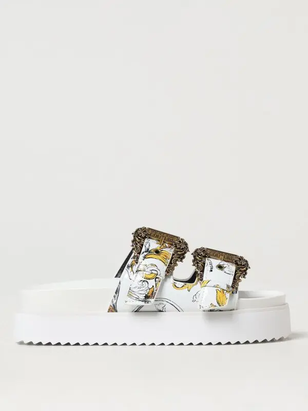 Versace Flat Sandals With Embellished Buckles - White