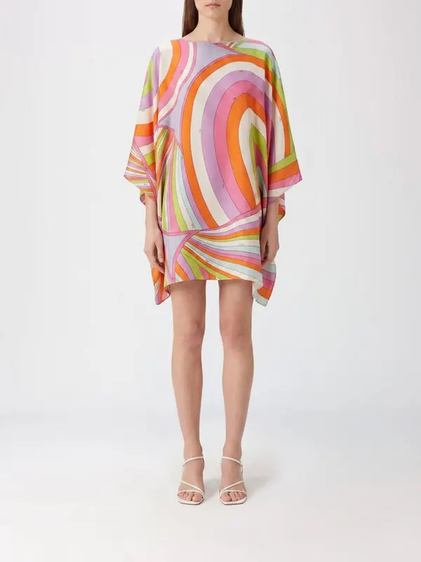 Emilio Pucci Mini Silk Kaftan With Abstract Print And Long Sleeves - Multicolor