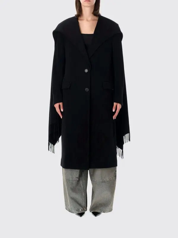 Attico Long Single-breasted Wool And Cashmere Coat With Fringes And Shawl Collar