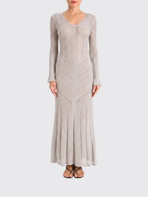 TWINSET Crochet Long Sleeve V-neck Dress - Beige