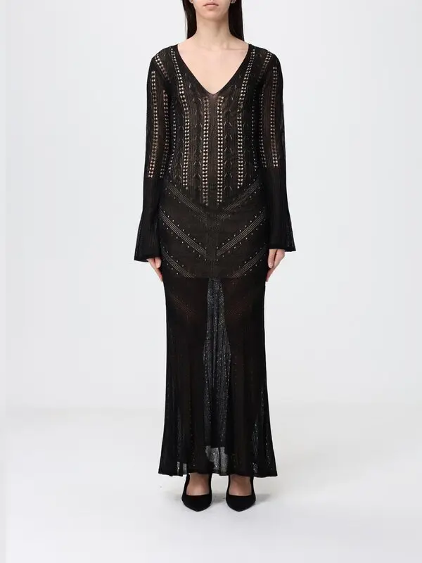 TWINSET Crochet Long Sleeve V-neck Dress - Black