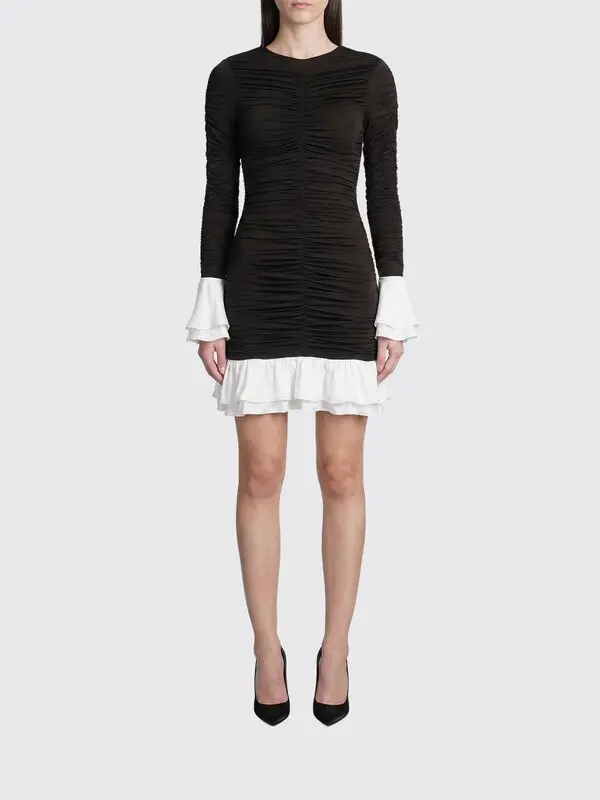 ROTATE BY BIRGER CHRISTENSEN Ruched Long Sleeve Mini Dress With Ruffled Hem And Cuffs - Brown