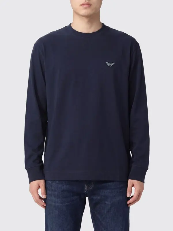 Emporio Armani Long-sleeved Cotton T-shirt With Eagle Logo - Blue