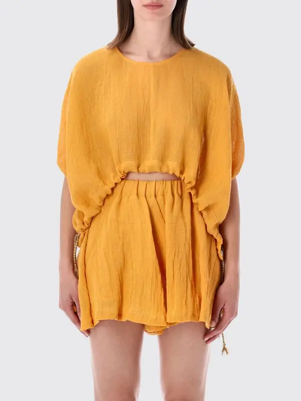 120% Lino Cropped Linen Blend Top With Crew Neck - Orange