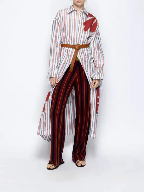 PAULA Linen Striped Midi Shirtdress With Embroidered Accents