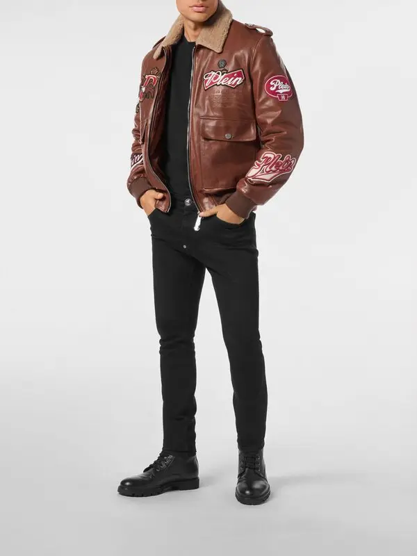 Philipp Plein Leather Aviator Bomber Jacket With Logo Patch