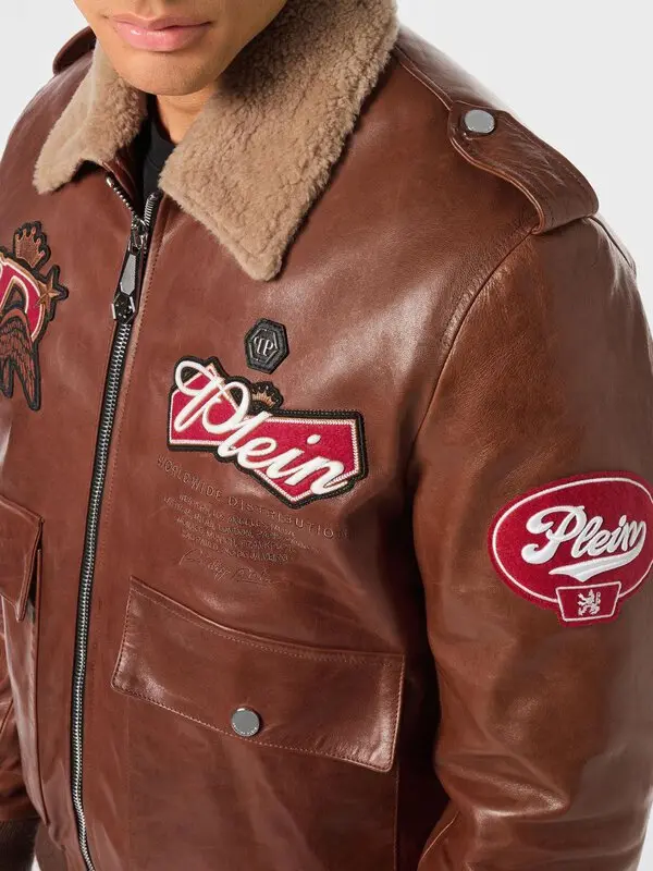 Philipp Plein Leather Aviator Bomber Jacket With Logo Patch