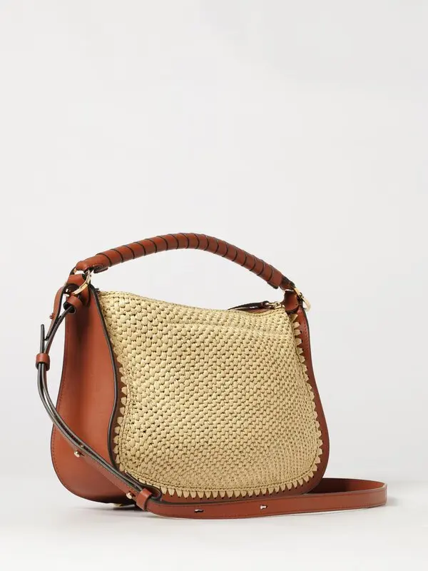 Chloé Marcie Handbag In Raffia And Calfskin - Brown