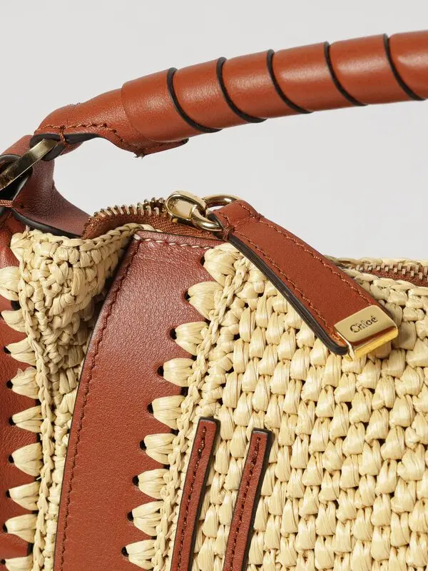 Chloé Marcie Handbag In Raffia And Calfskin - Brown