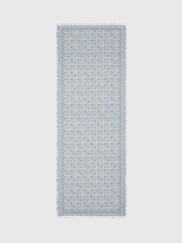 Tory Burch Monogram Wool And Silk Blend Scarf With Fringed Edges - Blue