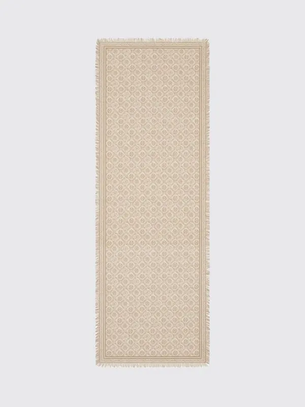 Tory Burch Monogram Wool And Silk Blend Scarf With Fringed Edges - Ivory