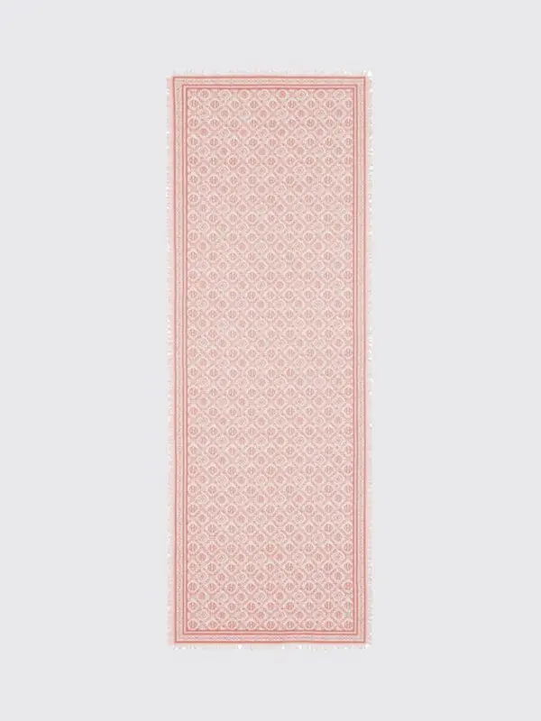 Tory Burch Monogram Wool And Silk Blend Scarf With Fringed Edges - Pink