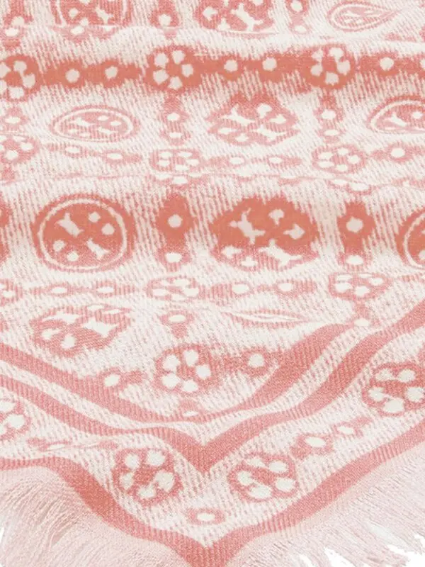 Tory Burch Monogram Wool And Silk Blend Scarf With Fringed Edges - Pink