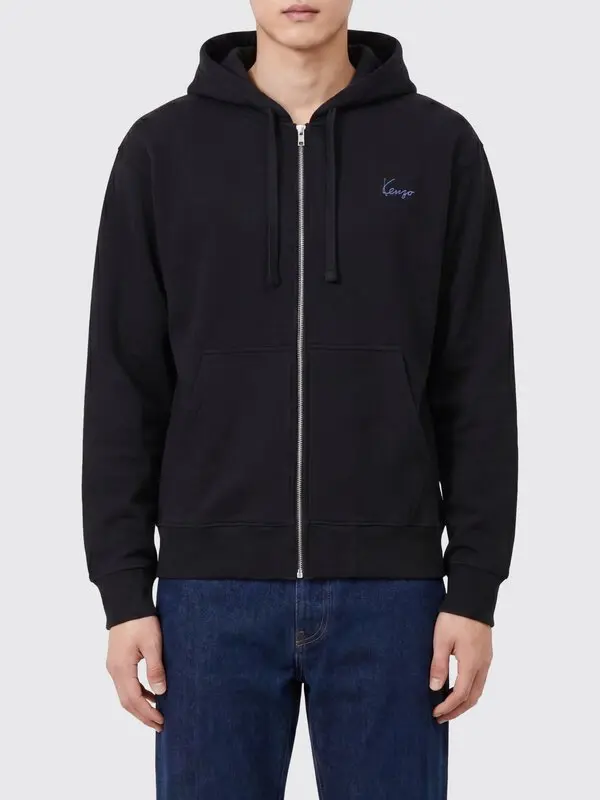 Kenzo Zip-up Cotton Hooded Sweatshirt With Contrast Logo
