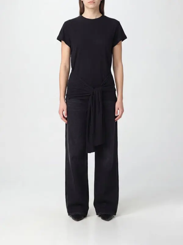 TOTEME Long Cotton Crewneck T-shirt With Tie-waist Sash Belt - Black