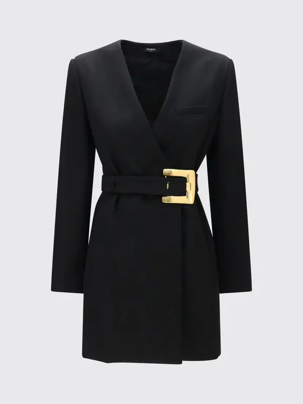 Balmain Merino Wool Wrap Blazer Mini Dress With Padded Shoulders