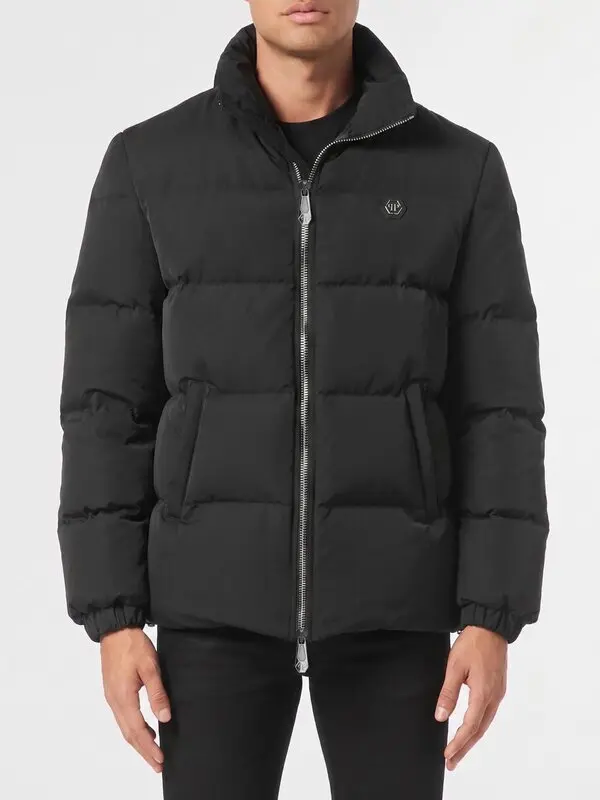 Philipp Plein Nylon Down Jacket With Logo And Slogan - Black