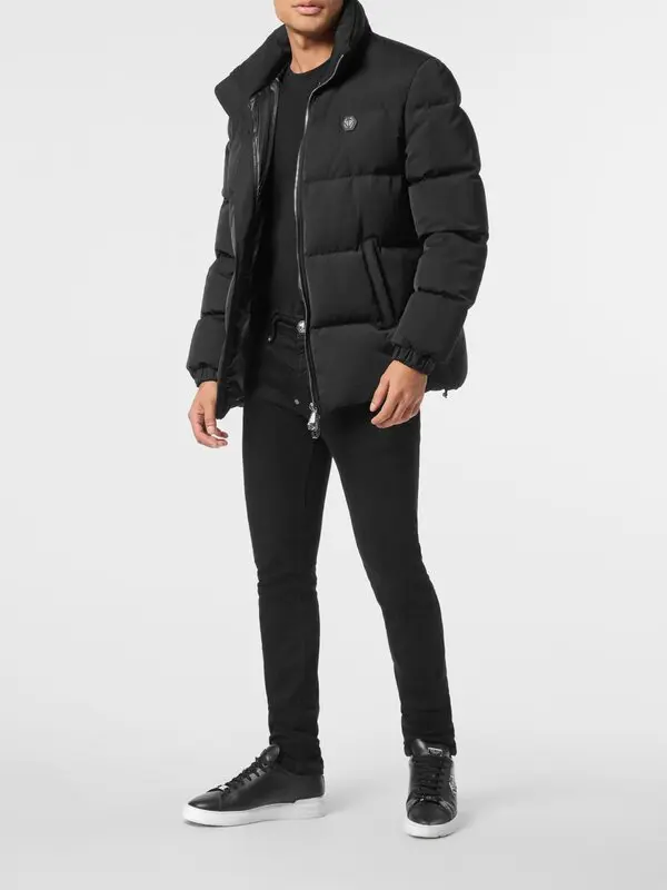 Philipp Plein Nylon Down Jacket With Logo And Slogan - Black