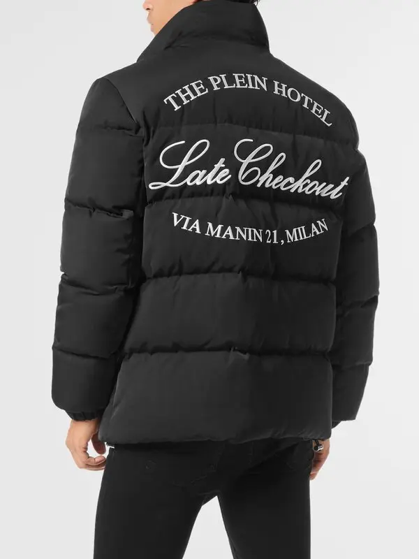 Philipp Plein Nylon Down Jacket With Logo And Slogan - Black