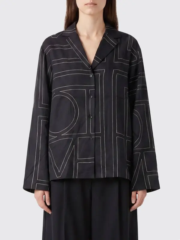TOTEME Relaxed Fit Silk Monogram Print Shirt - Black