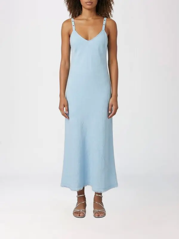 Pinko Long Slip Dress In Linen Blend With Stud Embellishments