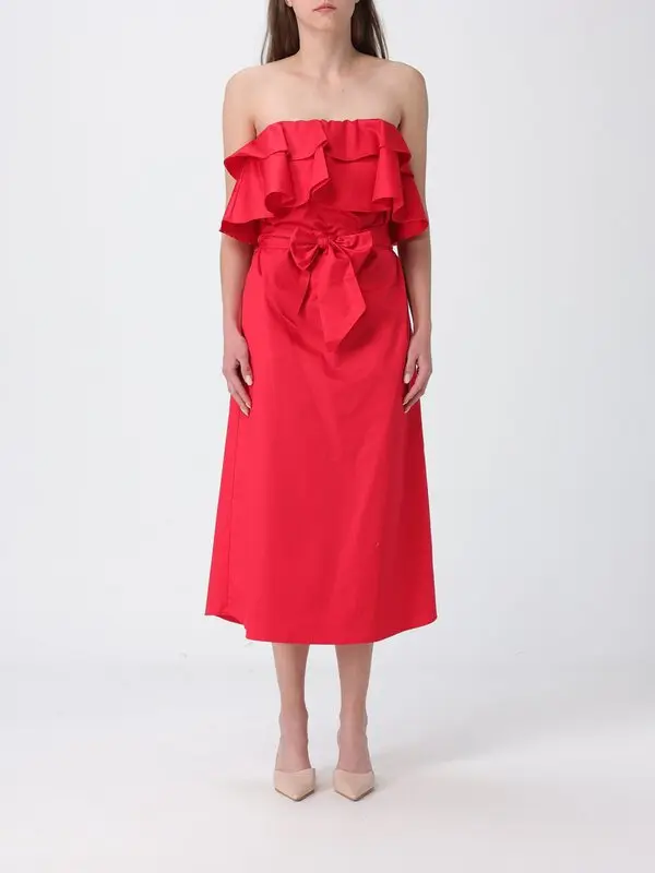 HANITA Cotton Poplin Ruffled Midi Dress - Red