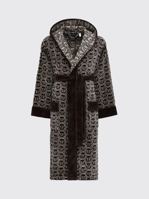 Philipp Plein Hooded Hexagon Monogram Cotton Terry Bathrobe - Brown