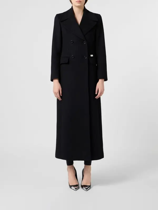 Philipp Plein Long Double-breasted Wool Coat With Skull Print And Crystals