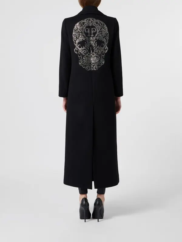 Philipp Plein Long Double-breasted Wool Coat With Skull Print And Crystals