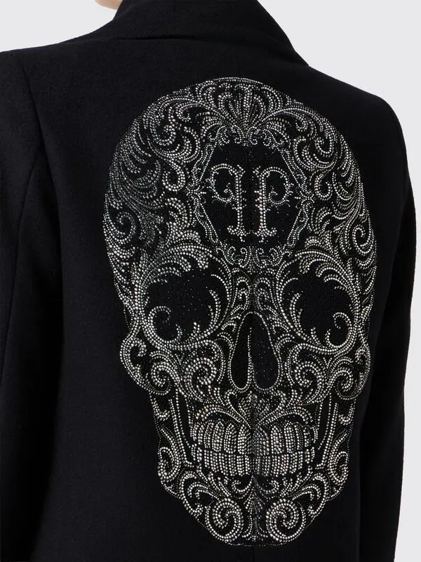 Philipp Plein Long Double-breasted Wool Coat With Skull Print And Crystals