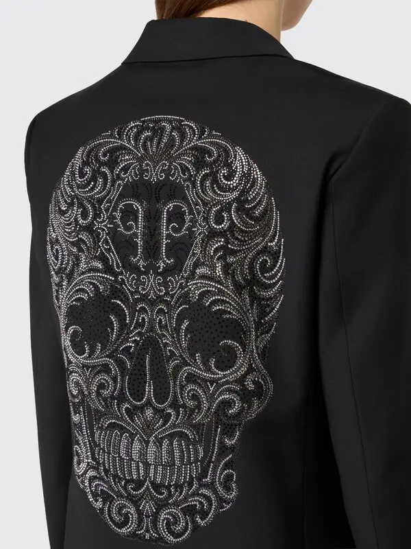 Philipp Plein Cropped Blazer With Skull Print And Crystal Embellishments