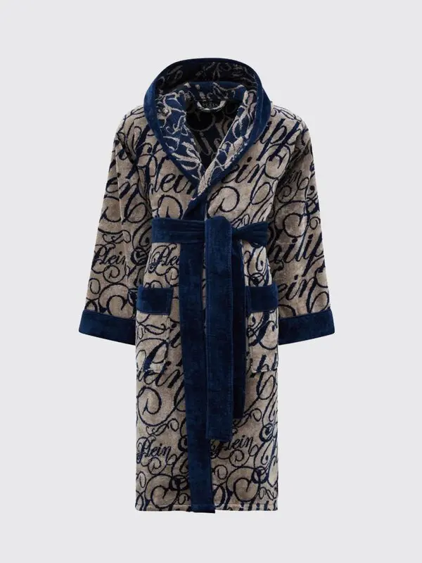 Philipp Plein Hooded Jacquard Logo Cotton Terry Bathrobe - Blue
