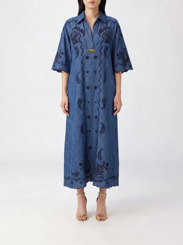 Zimmermann Aster Long Embroidered Denim Maxi Dress