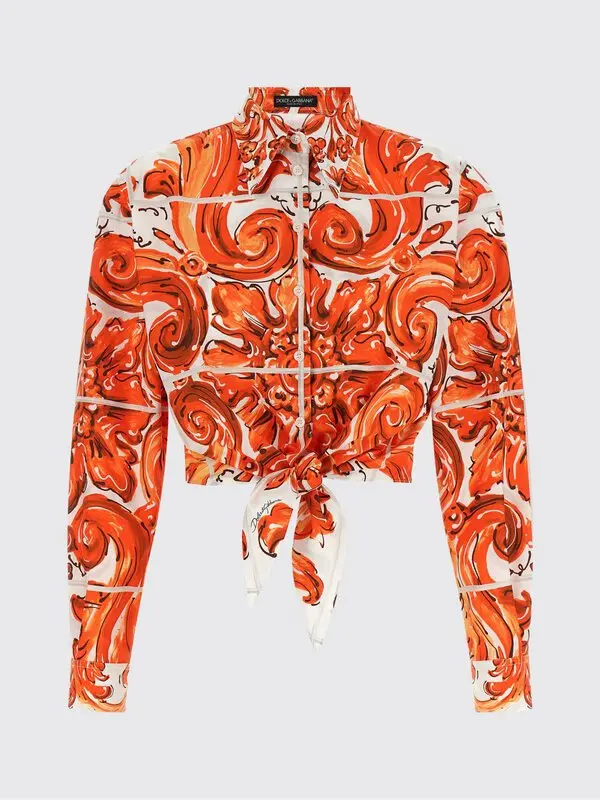 Dolce & Gabbana Cropped Cotton Shirt With Maioliche Print And Front Tie