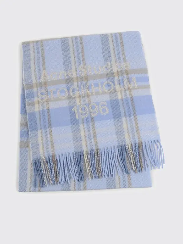 Acne Studios Check Wool Scarf With Jacquard Logo And Fringed Hem - Water