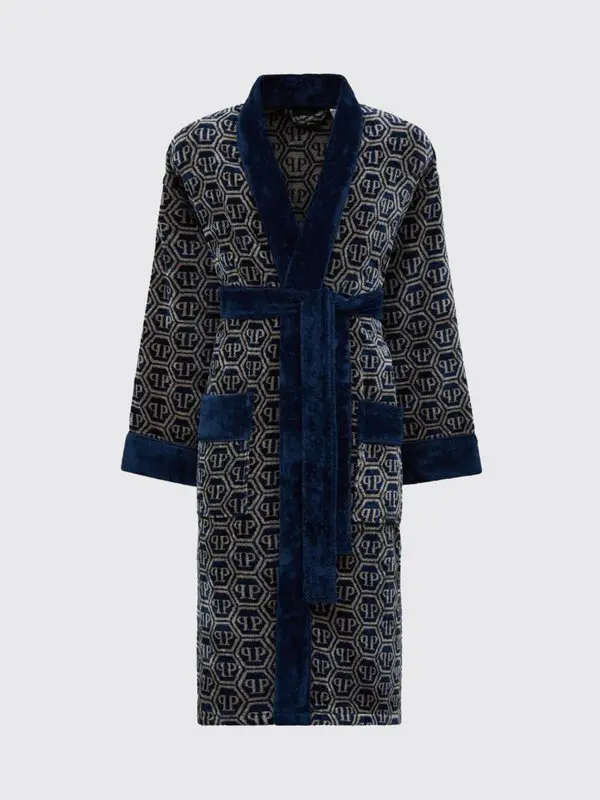 Philipp Plein Contrast Hexagon Monogram Cotton Terry Bathrobe - Blue