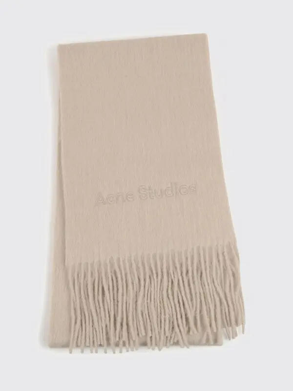 Acne Studios Alpaca Wool Blend Scarf With Fringed Hem And Logo - Natural
