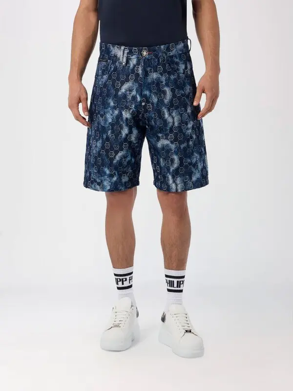 Philipp Plein Monogrammed Cotton Denim Shorts