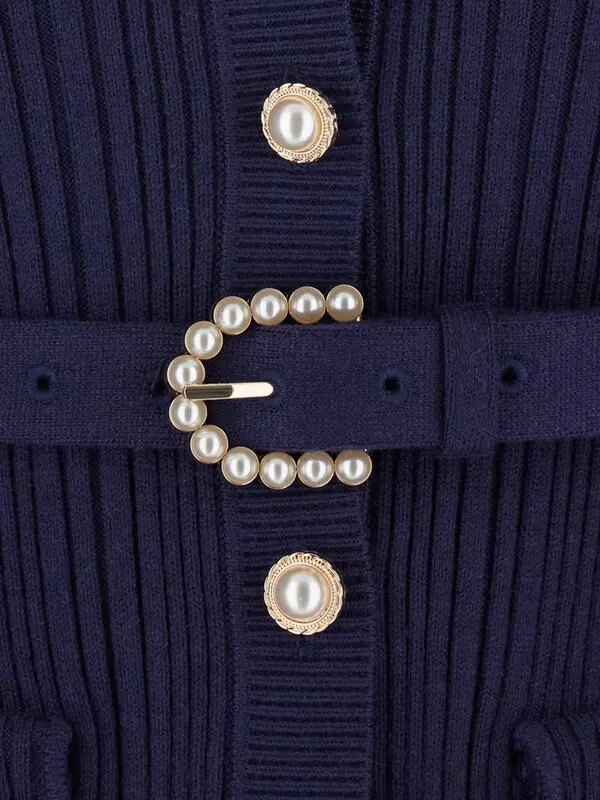 SELF-PORTRAIT Slim Fit Ribbed-knit Lapel Cardigan With Belt - Navy
