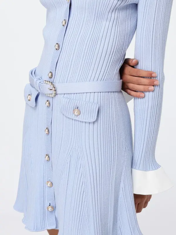 SELF-PORTRAIT Ribbed Knit Wool Blend Mini Shirt Dress With Belt
