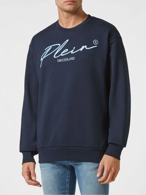 Philipp Plein Cotton Crewneck Sweatshirt With Dropped Shoulders And Contrast Logo - Blue
