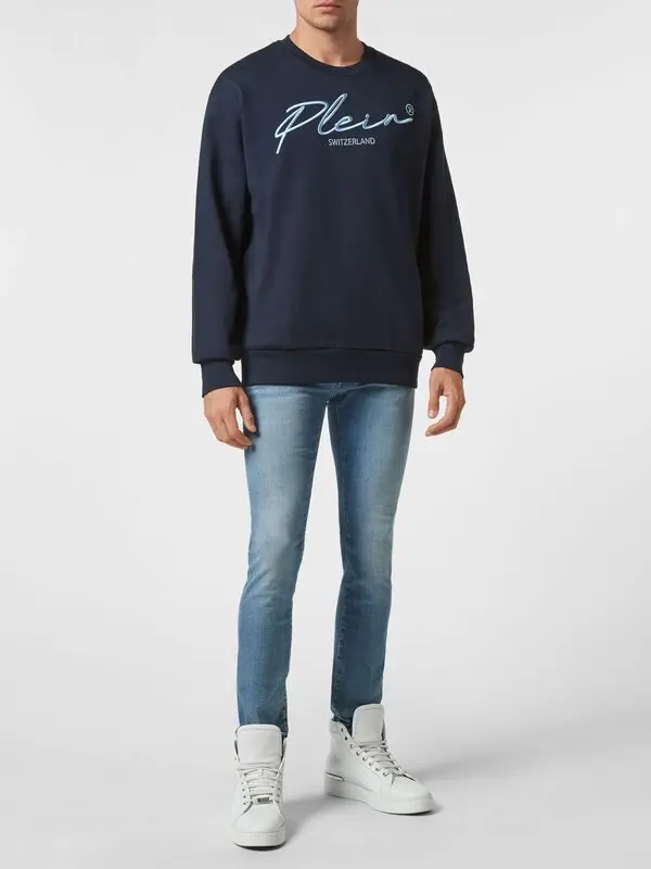 Philipp Plein Cotton Crewneck Sweatshirt With Dropped Shoulders And Contrast Logo - Blue