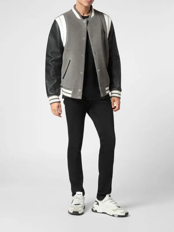 Philipp Plein Varsity Jacket With Leather Sleeves - Grey