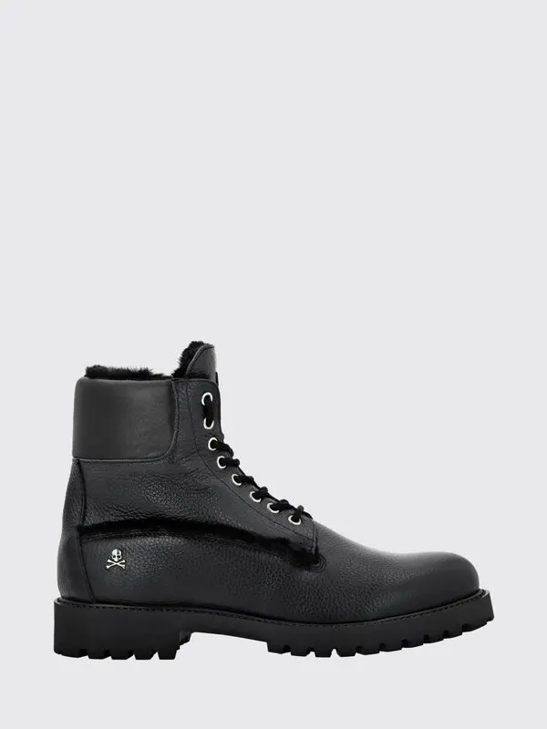 Philipp Plein Tumbled Leather Combat Boots With Pony Hair Inserts And Skull Appliqu