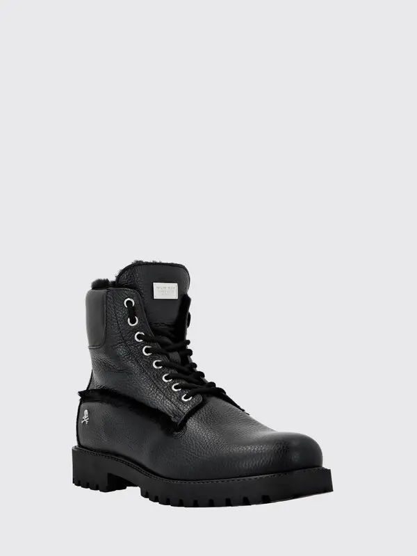 Philipp Plein Tumbled Leather Combat Boots With Pony Hair Inserts And Skull Appliqu